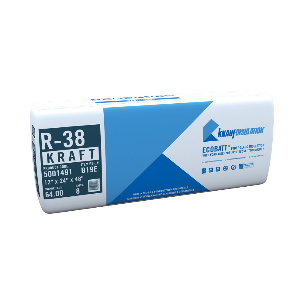 KNAUF KRAFT FACED BATT 12"X24"X48" R38 64SQFT 8PCS B19E | 12" Cavities ...